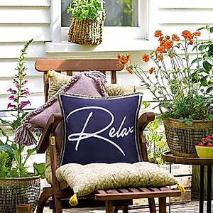 Navy Blue Outdoor Pillow Covers, Relax Outdoor Waterproof Pillow Covers 18x18 Set of 2, Decorative Throw Pillow Cover for Outside Patio Furniture Garden (No Inserts)