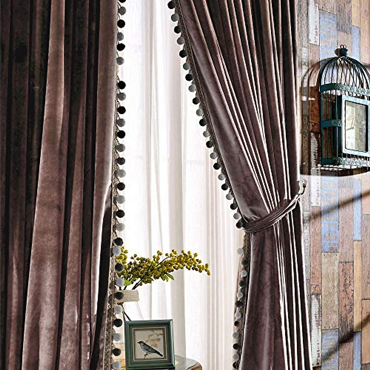 Melodieux Set of 2 Pom Pom Velvet Blackout Lined Thermal Insulated Rod Pocket Curtains for Bedroom, 52x84 Inch, Dusty Pink (1 Pair)