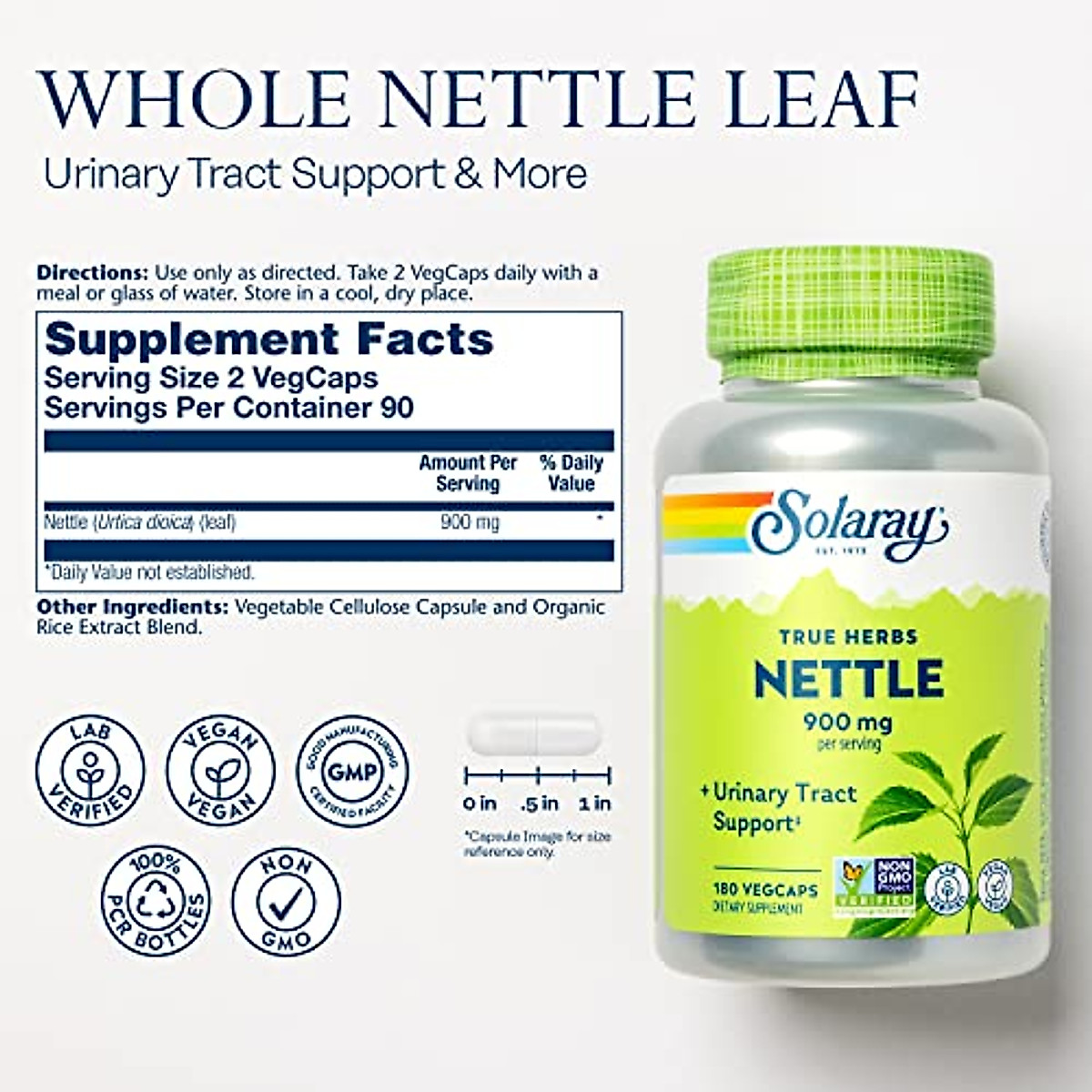 SOLARAY Nettle Leaf 900 mg, Vegan Supplement for Urinary Health and Kidney Support, Prostate Health and Respiratory Wellness, Non-GMO, 60 Day Money Back Guarantee. 90 Servings, 180 VegCaps