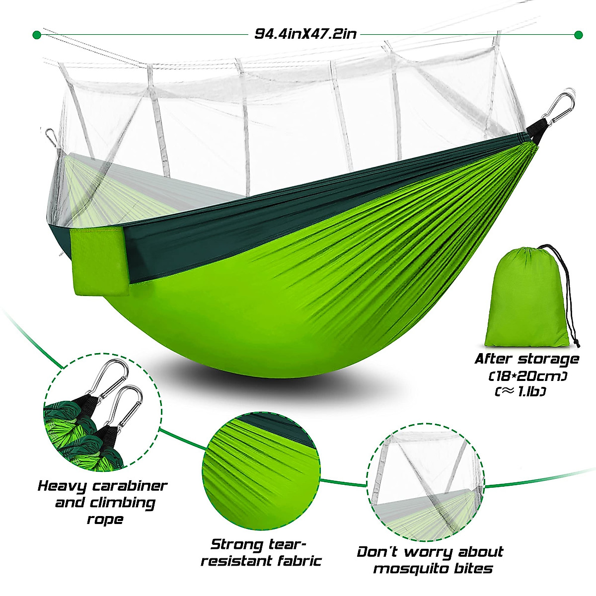 Rusee Camping Hammock with Net Outdoor Hammock Travel Bed Lightweight Parachute Fabric Double Hammock for Tree, Camping, Hiking, Backpacking, Backyard (Green + Dark Green)