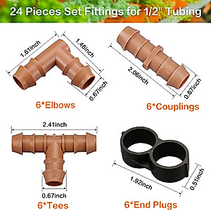 JOYPRO Drip Irrigation Fittings Kit for 1/2 inch Tube (0.600”ID), 24 Pieces Drip Irrigation Parts Set - 6 Tees, 6 Couplings, 6 Elbows, 6 End Caps, Drip Line Connectors for Drip Sprinkler Hose