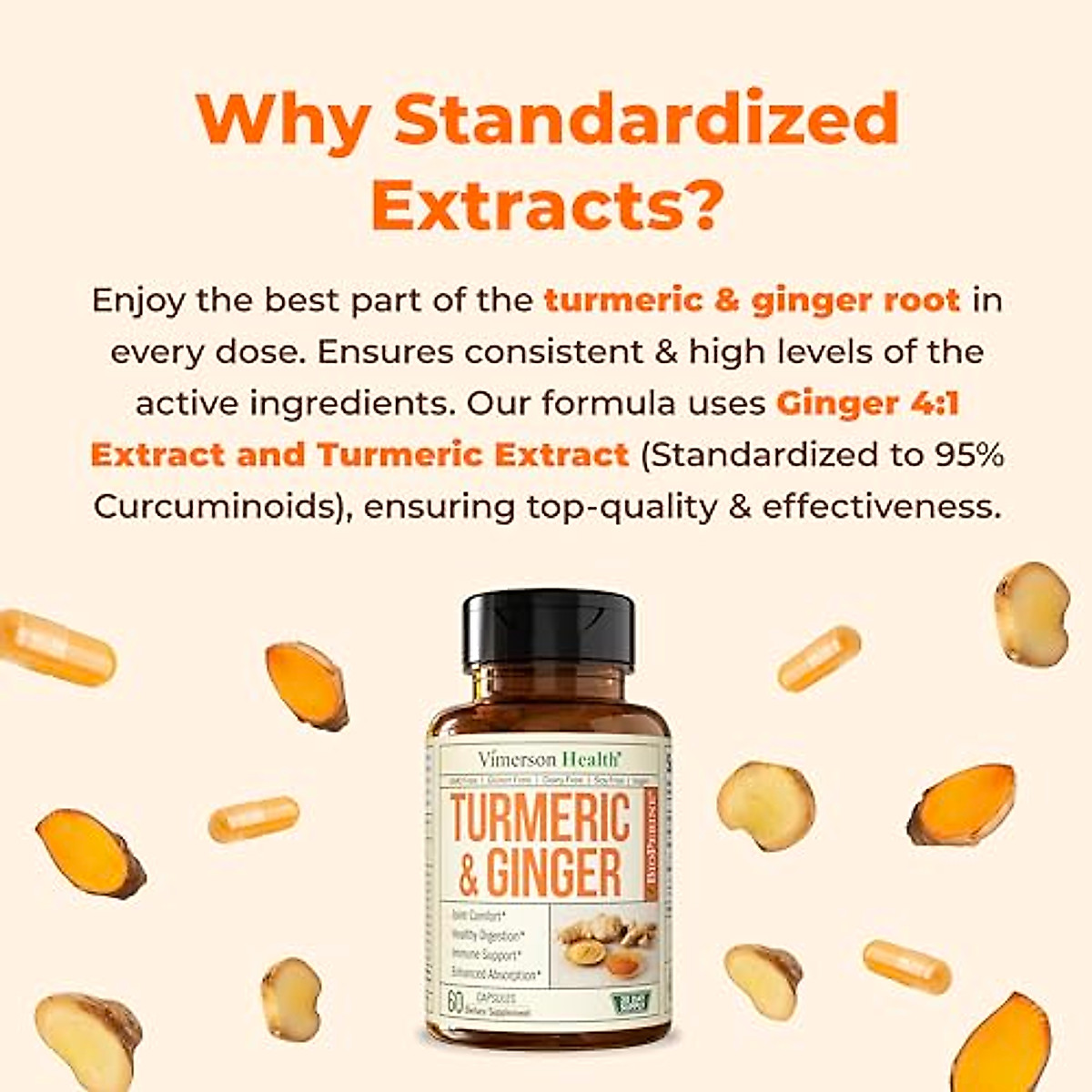 Tumeric and Ginger with Black Pepper - Natural Turmeric Curcumin Joint Support Supplement with Bioperine & 95% Curcuminoids. High Absorption Curcumin Supplements. Digestive & Immune Support. 60 Caps