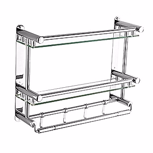 Bathroom Glass Shelf with Towel Rail and Hooks Wall Mounted Stainless Steel Rack, 2 Tier 40~60cm Anti-Rust Drilling Storage (Size : 50CM)