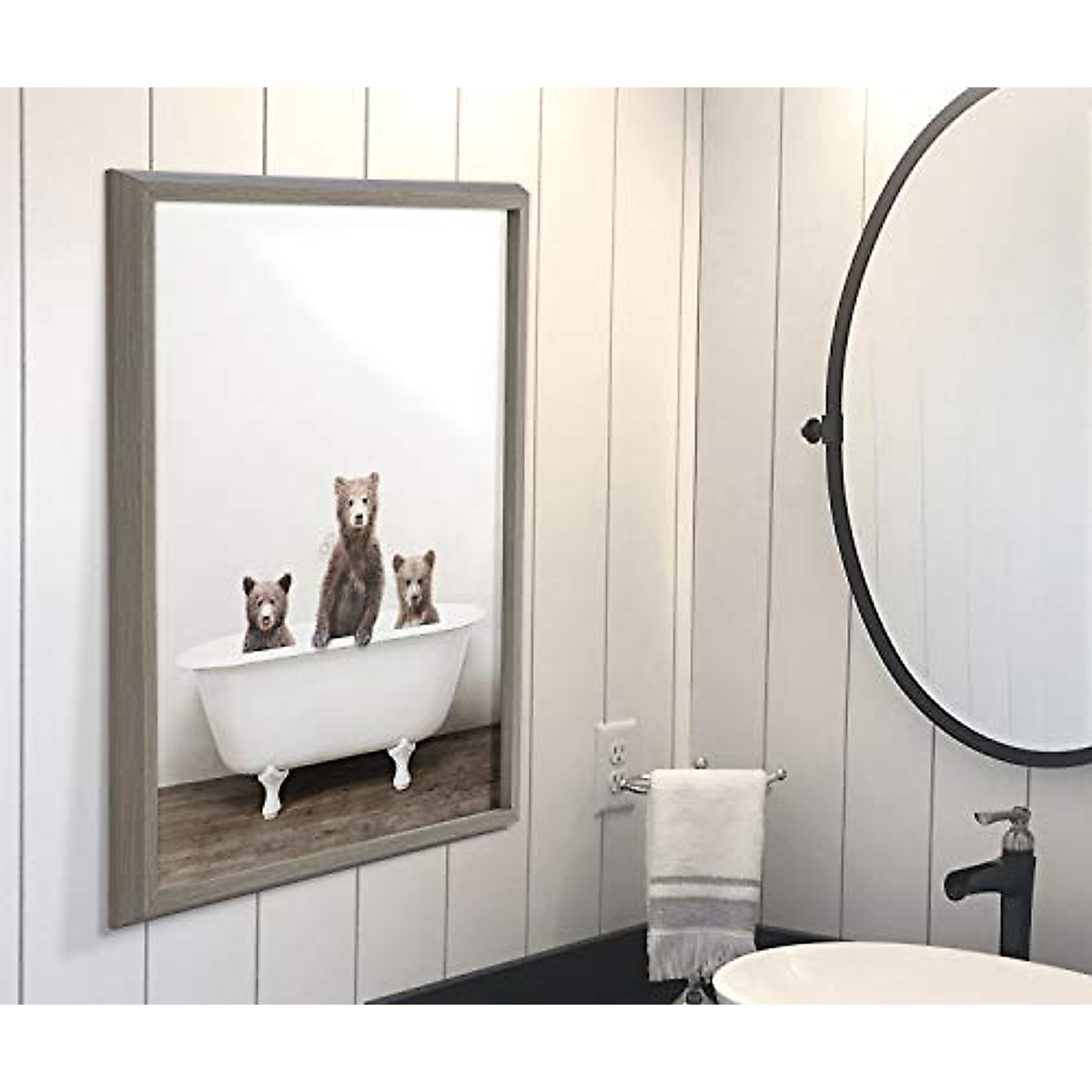 Kate and Laurel Blake Three Little Bears in Vintage Bathtub Framed Printed Glass Wall Art by Amy Peterson, 18x24 Gray, Adorable Woodland Animal Art for Wall