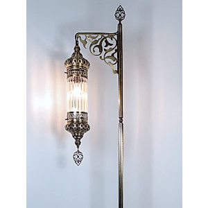 DEMMEX Turkish Moroccan Ottoman Era Style Antique Vintage Standing Floor Lamp, Antique Brass Metal Body, Shatterproof Pyrex Glass, 5.5 ft -165cm