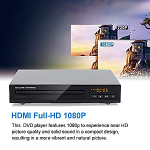 atune analog DVD Player 1080P Supported, All Region Free CD Disc Players, with NTSC/PAL System, HDMI AV Coaxial Output, Compact Design, Cables & Remote Control Apply for Home TV, Black