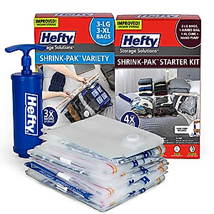 Hefty Super Starter Kit 5L, 3XL, 1XL Cube, and 1 Jumbo Bag, Reusable and Water resistant Vacuum Storage Bags, Total of 10 Bags + Hand Pump