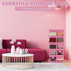 DOLEMODUO 5 Tier Rotating Shoe Rack Storage Tower, 360° Revolving Pink Spinning Shoes Display Rack Round Carousel for Entryway Hallway