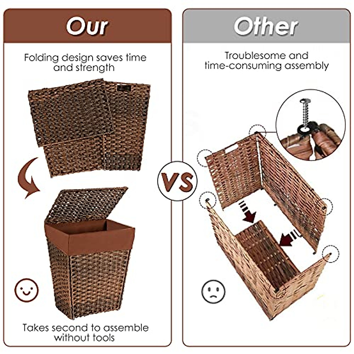 Giantex Laundry Hamper with Lid, Foldable Laundry Basket w/Removable Liner Bag, Handwoven Rattan Clothes Hamper w/Handles Anti-skid Pads for Living Room Laundry (Brown)
