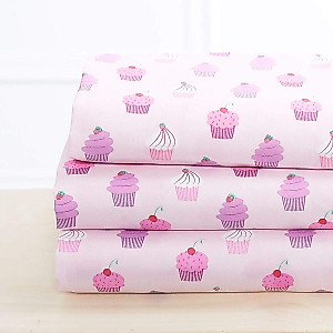 Elegant Homes Multicolors Pink Purple Cupcakes Design 4 Piece Printed Sheet Set with Pillowcases Flat Fitted Sheet for Girls/Kids/Teens # Cupcake (Full Size)
