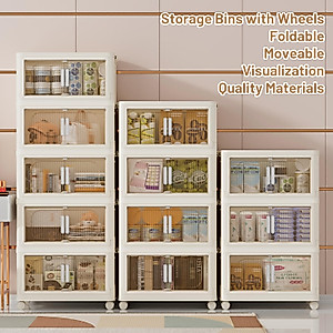 gerritfany Storage Bins with Lids, Collapsible Storage Bins with Wheels, 144QT Plastic Storage Bin, Storage for Closet, Home and Office, Storage Cabinet, 19.3"x11.4"x 40.6", 4-Tier