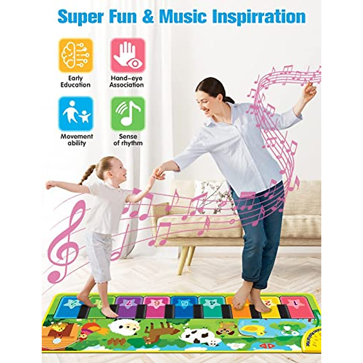 EduCuties Baby Musical Learning Toys , Floor Piano Playmat for Toddlers with Animal Flash Cards Music Sound for Early Education Touch Keyboard Blanket Birthday for Baby Boys Girls