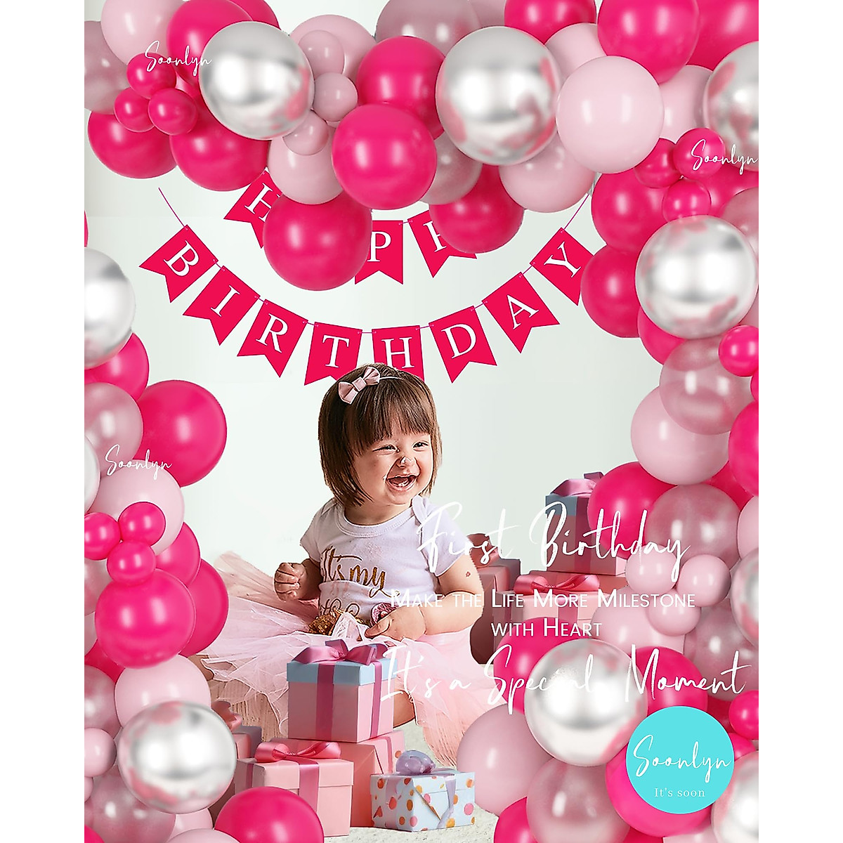 Soonlyn Pink Balloon Arch Kit 12ft Girl's Hot Pink Balloon Garland kit Theme Female Gift for Birthday Baby Shower Wedding Bridal Shower