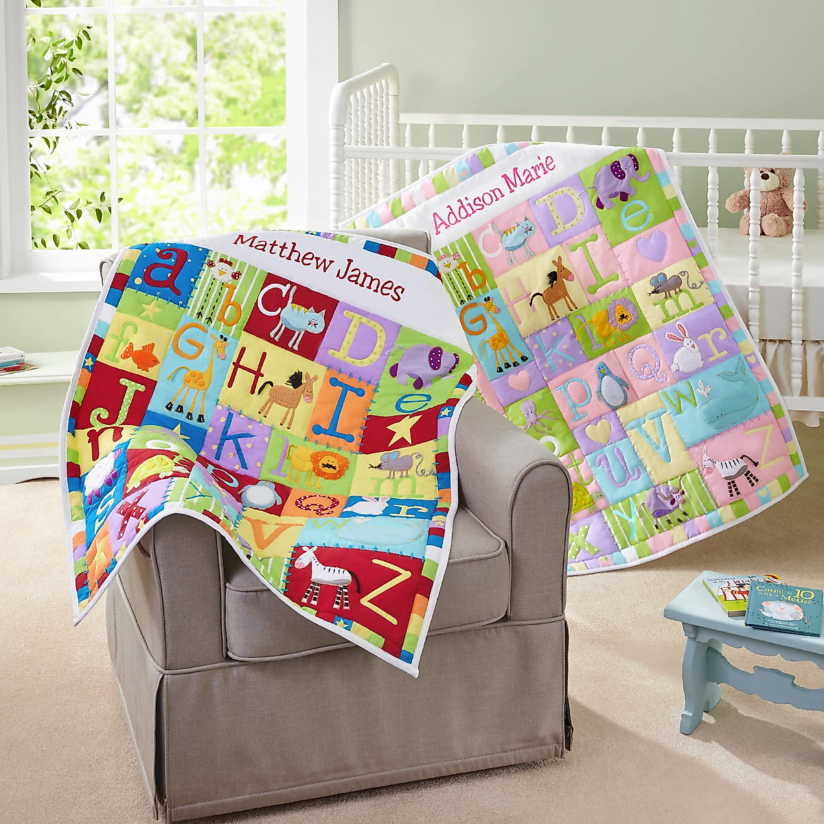 Let's Make Memories Personalized Baby Quilt - 3D Applique & Embroidered Name - Heirloom Keepsake for New Baby - Textured Details - Alphabet & Animals - Nursery Decor - Baby Shower - 42x32 - Primary