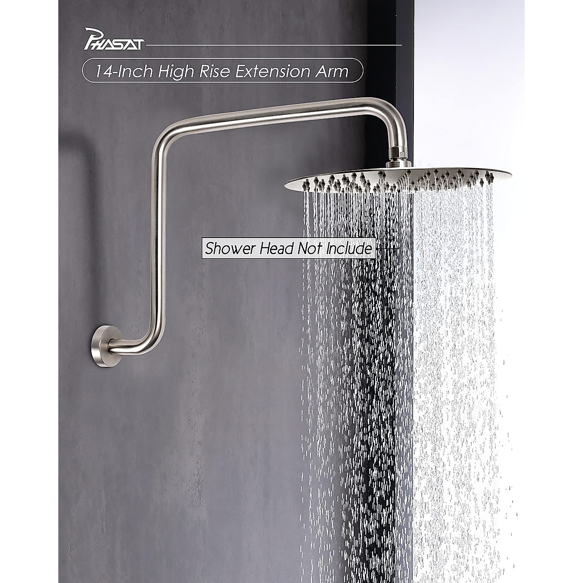 PHASAT S Shaped Shower Arm, 16.65 Inches High Rise Shower Arm with Flange,Shower Head Extension Arm Replacement,Shower Arm Extension Brushed Nickel,PU9L02