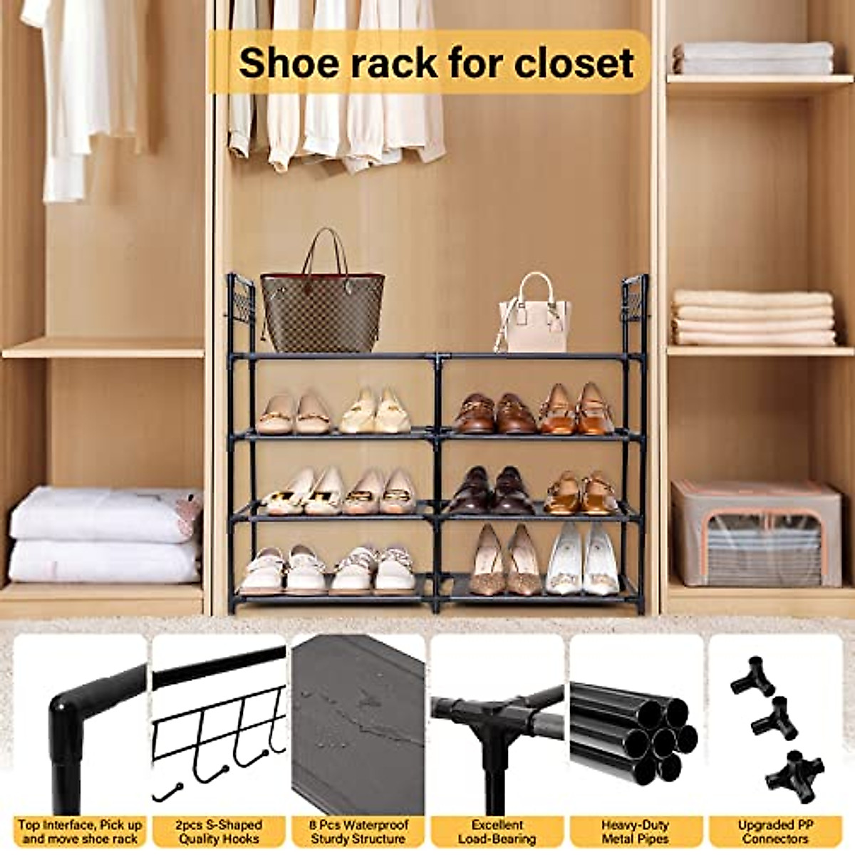 Elechotfly 16-20 Pairs Shoe Storage Organizer, 4 Tiers Shoe Rack/Stand, Easy Assembly Stackable Sturdy Shoe Tower with 2 Hooks, Metal Shelf for Entryway, Closet, Garage, Bedroom, Cloakroom