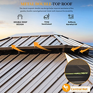 YOLENY 12x14FT Hardtop Gazebo, Galvanized Steel Double Roof Canopy with Netting and Curtains, Permanent Metal Pavilion Gazebos with Aluminum Frame for Patio Backyard Deck and Lawns