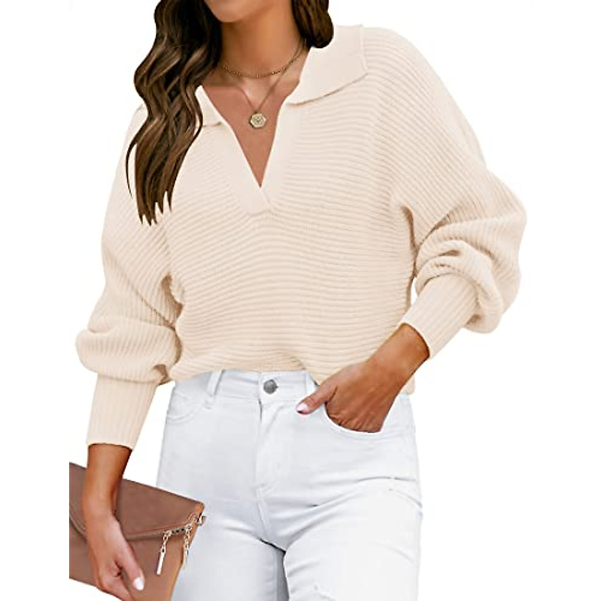ZESICA Women's 2023 Fall Lapel Collar V Neck Long Sleeve Ribbed Knit Comfy Loose Casual Pullover Sweater Jumper Top,Beige,Medium