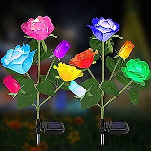 TYNLED Solar Garden Lights, 7 Color Changing Solar Lights Outdoor Waterproof Solar Powered Flower Lights Realistic Rose Flower Lights for Yard Garden Christmas Decorations (Rose-2 Pack)