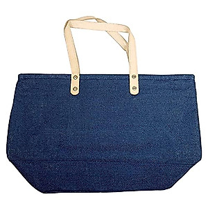 Jute Tote Bag With Leather Handles - Burlap Tote Bags With Zipper, Burlap Purse, Shopping tote Bag for women, Handbag (Navy Blue)