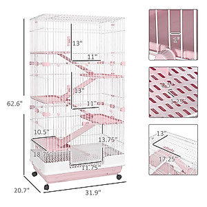 PawHut 6-Level Small Animal Cage Rabbit Hutch with Wheels, Removable Tray, Platform and Ramp for Bunny, Chinchillas, Ferret, Pink