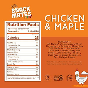 The New Primal Snack Mates Chicken & Maple Sticks, Gluten Free Healthy Snacks for Kids, Low Sugar High Protein Kids Snack for School, Mini Paleo Jerky Meat Stick, 7g Protein, 50 Calories, 15 Pack
