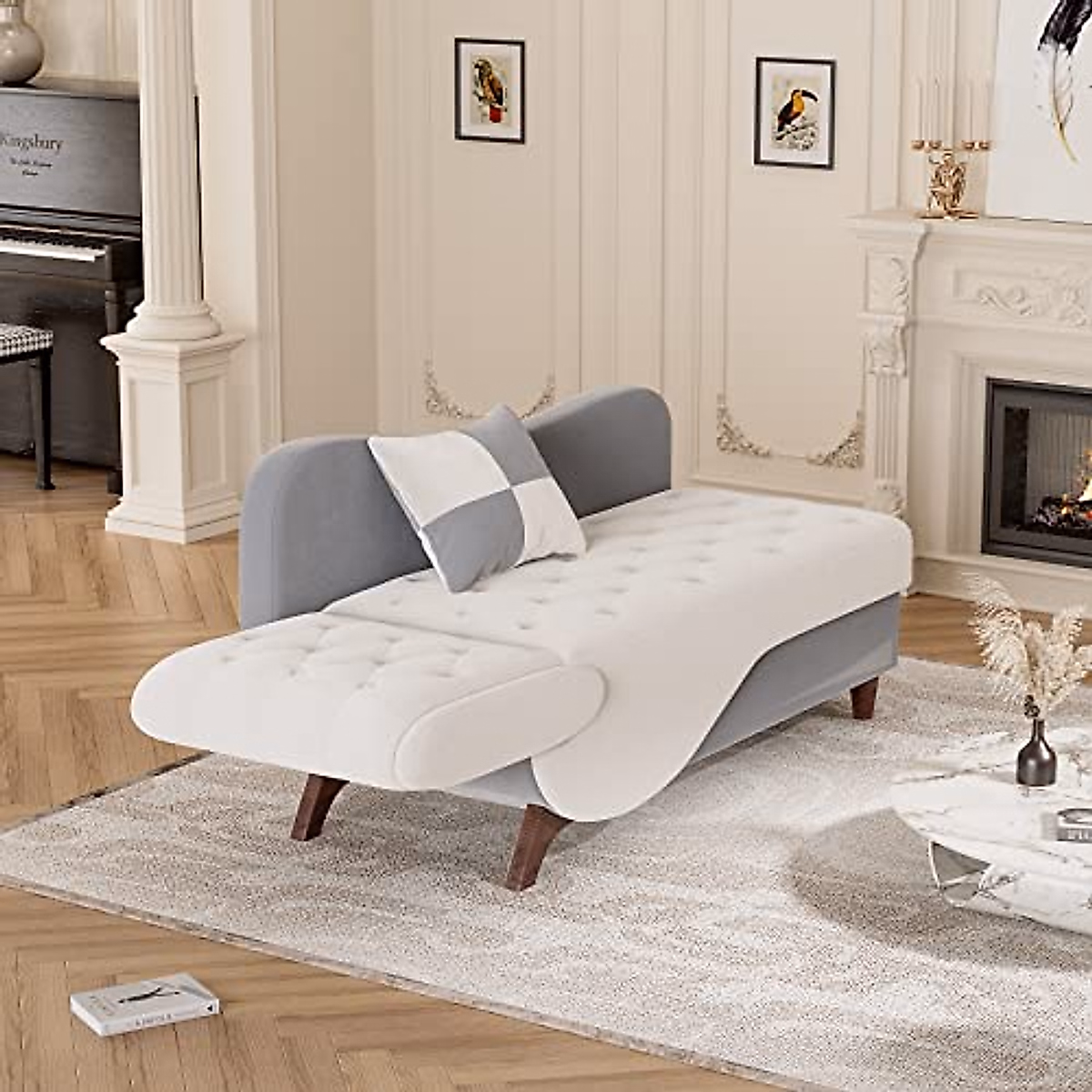 DAMAIFROM Adjustable Recling Chaise Lounge Indoor with Storage,Sleeper Sofa Bed,Lounge Chaise Armchair with Pillow,3 in 1 Velvet Futon Sofa Couch Bed for Living Room Bedroom(Beige)