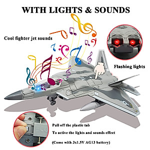OTONOPI Fighter Jet Toy F-22 Raptor Fighter Bomber Aircraft Diecast Army Fighting Jet 1/100 Airplanes Model with Lights and Sounds for Kids