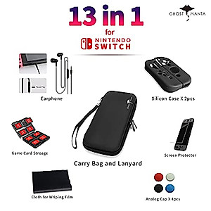 Ghost Manta 13 in 1 Accessories Kit Compatible with Nintendo Switch Earphone, Carry Bag, Tempered Glass, Game Card Storage, 2 Silicon Case, 4 Thumb Grips