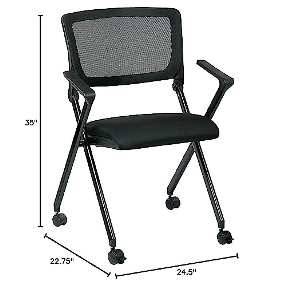Office Star FC Series 2-Pack Folding Nesting Chairs with Breathable Mesh and Padded Fabric Seat, Icon Black with Black Frame