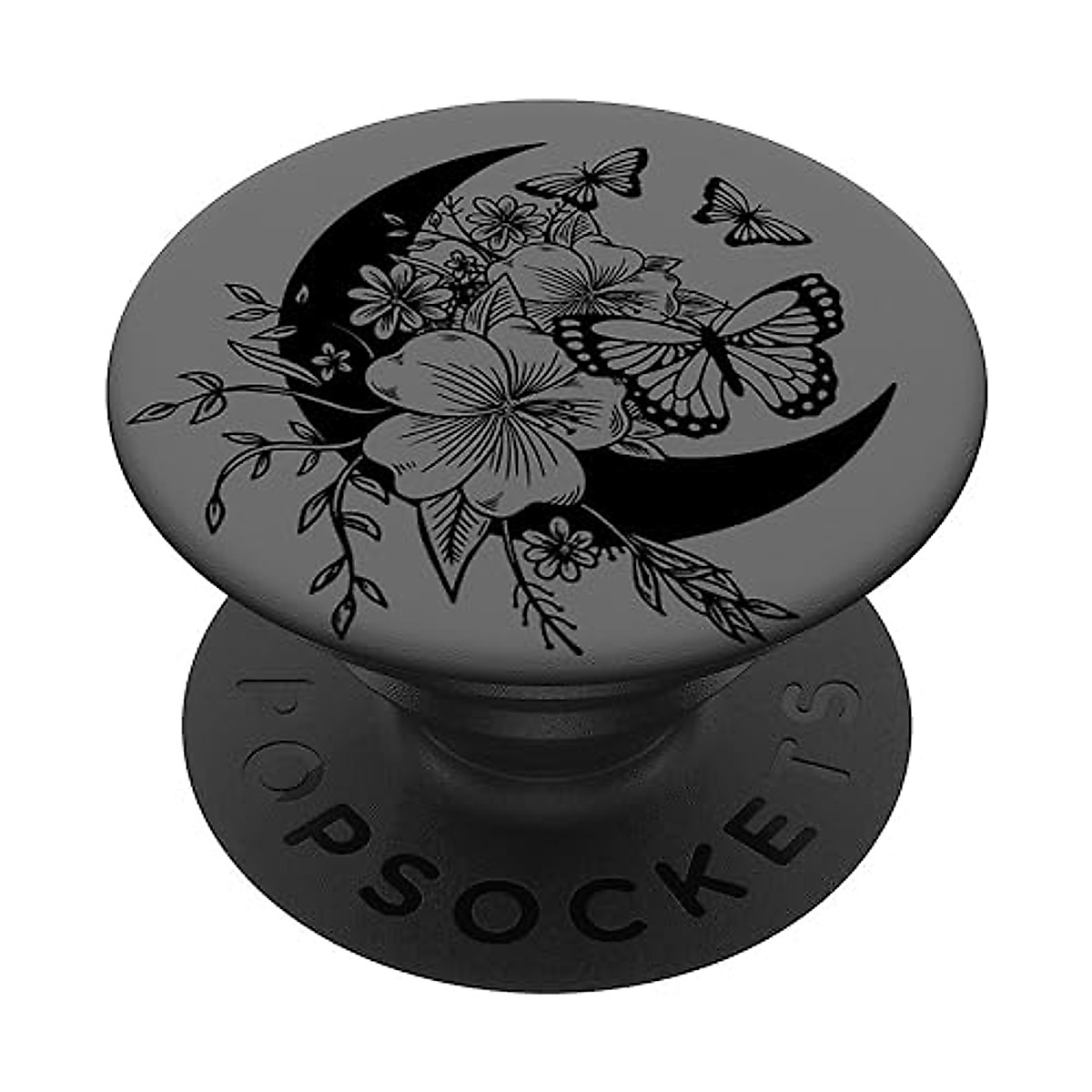 Mid Grey Gray Black Butterfly Crescent Moon Flower PopSockets Standard PopGrip