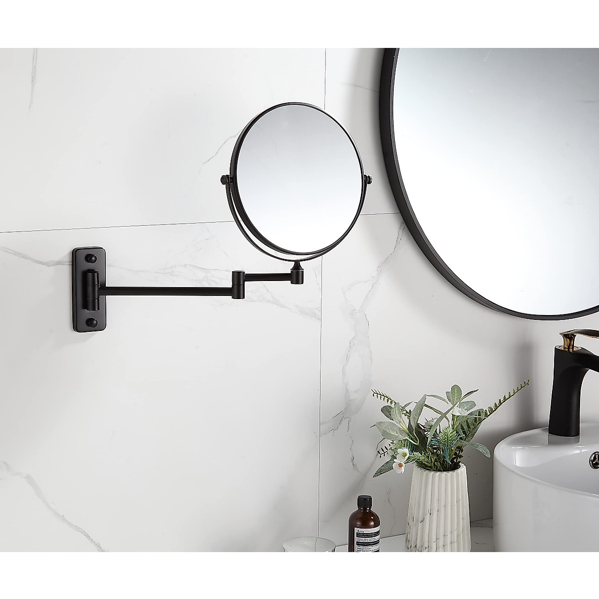 KAIIY Wall Mounted Makeup Mirror - 5X Magnification 8'' Two-Sided Swivel Extendable Bathroom Hotel Cosmetic Mirror Matte Black