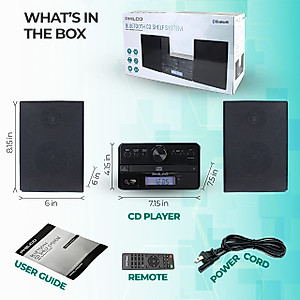 Philco Stereo Shelf Systems Tray Loading CD Player with Digital FM Radio, Bluetooth Streaming, Remote Control in Black | LCD Display | 3.5mm Headphone Jack | MP3 & AUX Port Compatible | USB Input