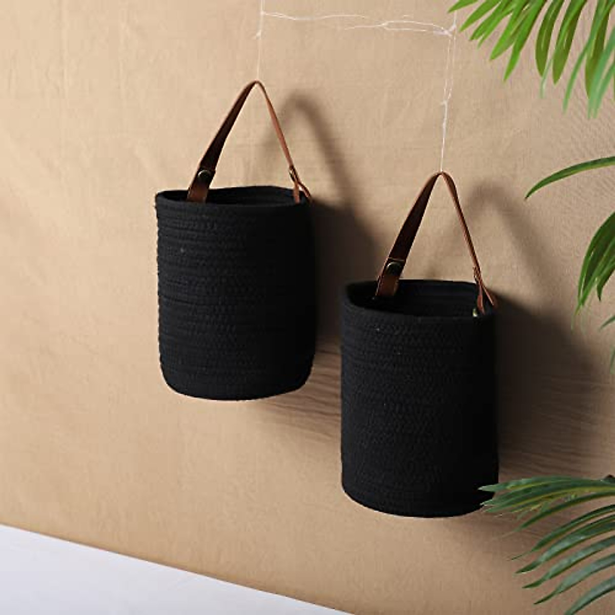 JJSQYLAN Hanging Basket(2Piece) Wall Woven Cotton Rope Storage Basket with Leather Decorative Baskets Organizer for Kitchen Office Bedroom,Plants,Towels, Toys