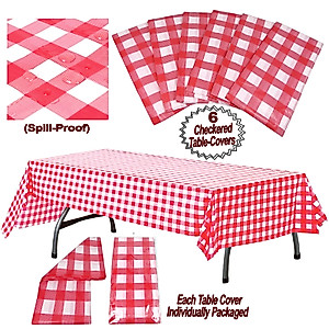 AnapoliZ Plastic Checkered Tablecloth | 6 Pcs Pack - 54” Wide x 108” Long | Red and White Picnic Disposable Table Cover | Rectangular Gingham Tablecover for Birthdays, Carnivals, Parties