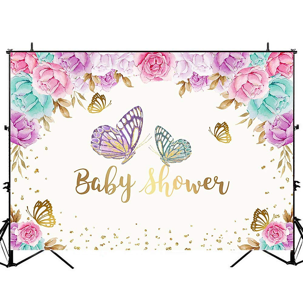 Avezano 7x5ft Butterfly Baby Shower Backdrop Spring Floral Butterfly Baby Shower Gold Dots Background Vinyl Flowers Golden Butterfly Baby Shower Backdrops Decorations