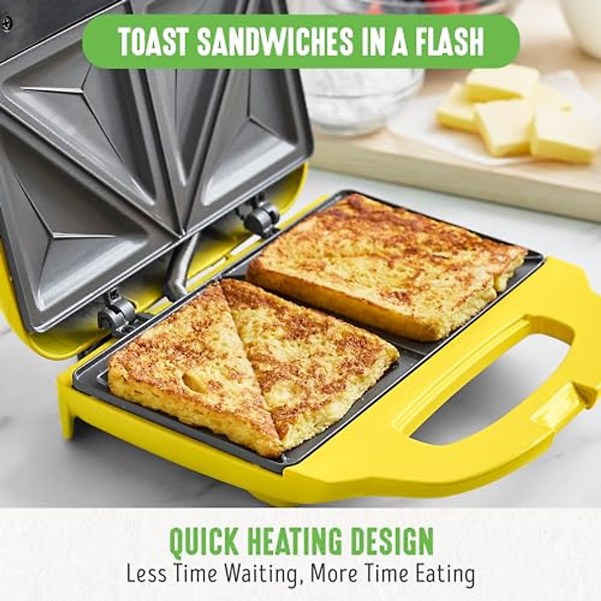 GreenLife Pro Electric Panini Press Grill and Sandwich Maker, Healthy Ceramic Nonstick Plates,Easy Indicator Light, PFAS-Free, Yellow