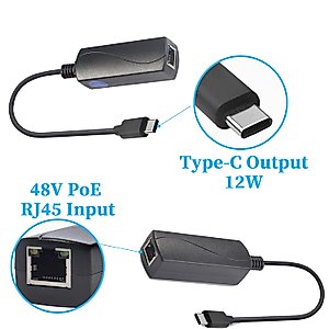 REVOTECH PoE to USB C Adapter Converter, Convert POE to Output 5V/2.4A Type-C with Ethernet, IEEE802.3af with 10/100Mbps, Wired Broadband and PD Charging for Smart Phone/Tablet, Plug and Play (P2C5V)
