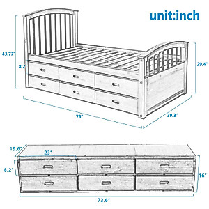 Merax Platform Storage Bed Solid Wood Bed Frame for Boys Girls Kids Adults Toddler with 6 Drawers Twin Size