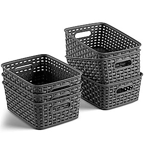 Set of 6 Plastic Storage Baskets - Small Pantry Organizer Basket Bins - Household Organizers with Cutout Handles for Kitchen Organization, Countertops, Cabinets, Bedrooms, and Bathrooms