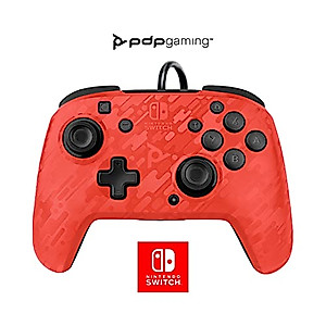PDP Gaming Faceoff Deluxe+ Wired Switch Pro Controller - Officially Licensed by Nintendo - Customizable gamepad buttons, sticks, triggers, and paddles - Ergonomic Controllers - Red Camo / Camouflage