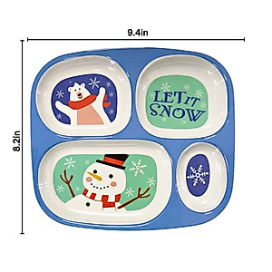 4E's Novelty Christmas Dinnerware Divided Plates For Kids (Set of 4) Melamine Plastic BPA Free Sectional Holiday Dinner Plates, Christmas Dishes for Toddlers