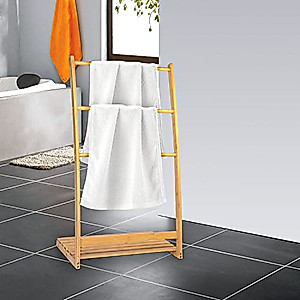 3 Tier Bamboo Towel Rack Stand Free Standing Blanket Rack with Bottom Storage Shelf,Quilt Rack Bamboo Towel Bar with Shelf Rustic Towel Racks for Bathroom Freestanding with Shelf