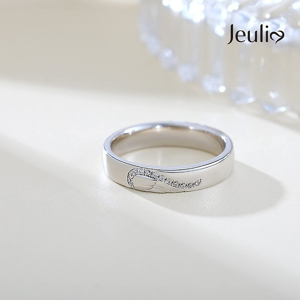 Jeulia Sterling Silver Band for Women Heart Shape Two Tone Angel Wing Fingerprint Inlay Rings Couples Wedding Engagement Promise Jewelry with Gifts Box (Angel Wing, 7.5)