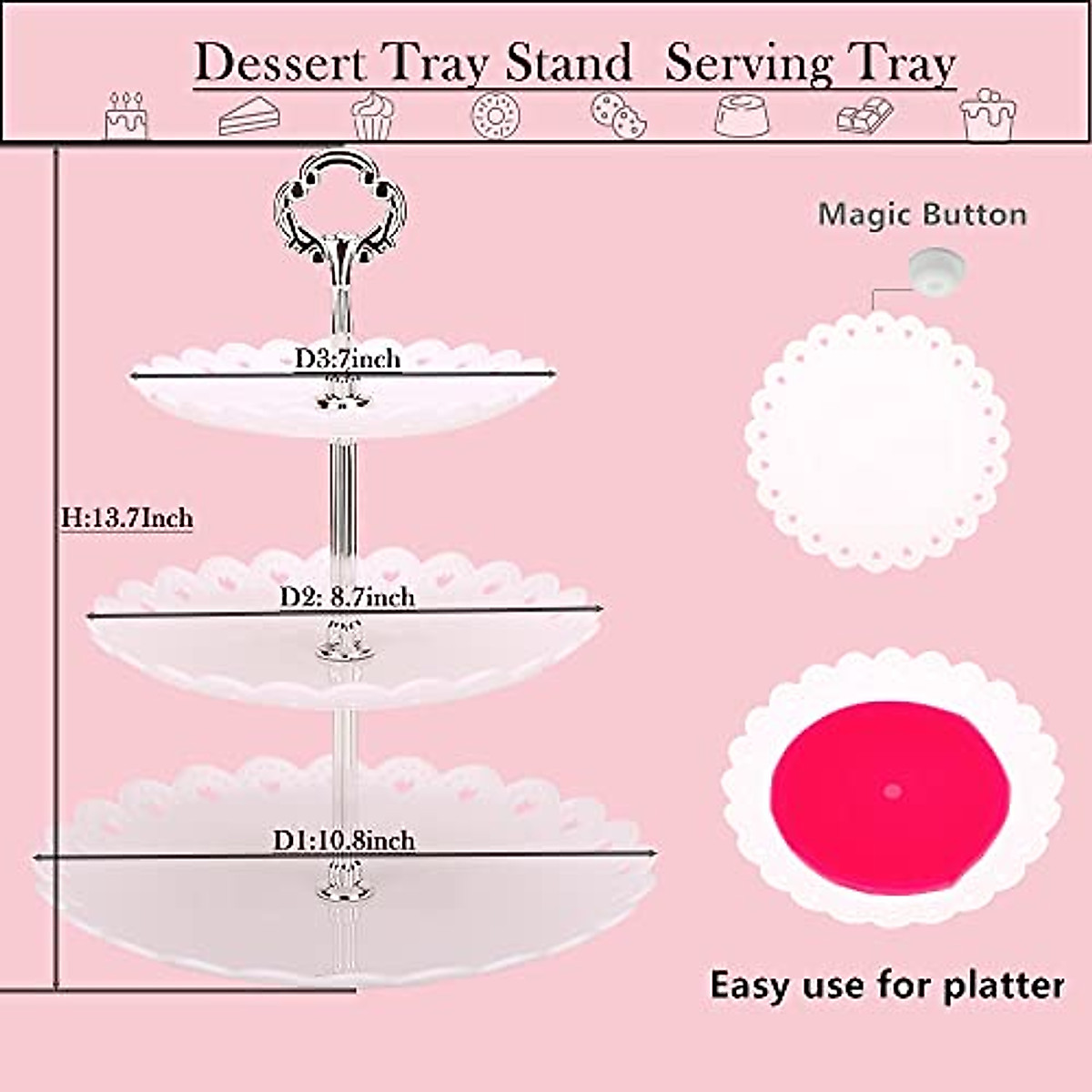 3 Tier Dessert Tray 2 Pack Cupcake Stand White Cake Holder 3-Tiered Serving Tray Large Round Lace Trays Table Decorations Platter for Party Wedding Serving Trays