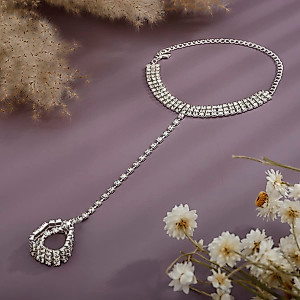 Xerling Full Rhinestones Finger Ring Bracelet for Women Layered Tennis Hand Chain Hand Harness Bracelets Jewelry for Brides Crystals Bracelets