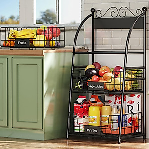 3 Tier Vegetables Storage Basket Stand with Nameplate, Removable Wire Fruit Basket, Kitchen Freestanding Metal Fruit Storage Cart with Anti-scratch Adjustable Feet, for Fruit Vegetable Onion Potato