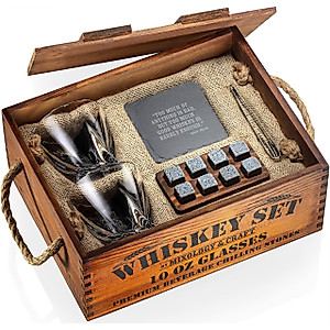 Mixology Whiskey Gift Set, Whiskey Glass Set with Rustic Wooden Crate, 8 Granite Whiskey Rocks Chilling Stones, 10oz Whiskey Glasses, Gift for Men, Dad, Husband, Boyfriend - Jameson Brown