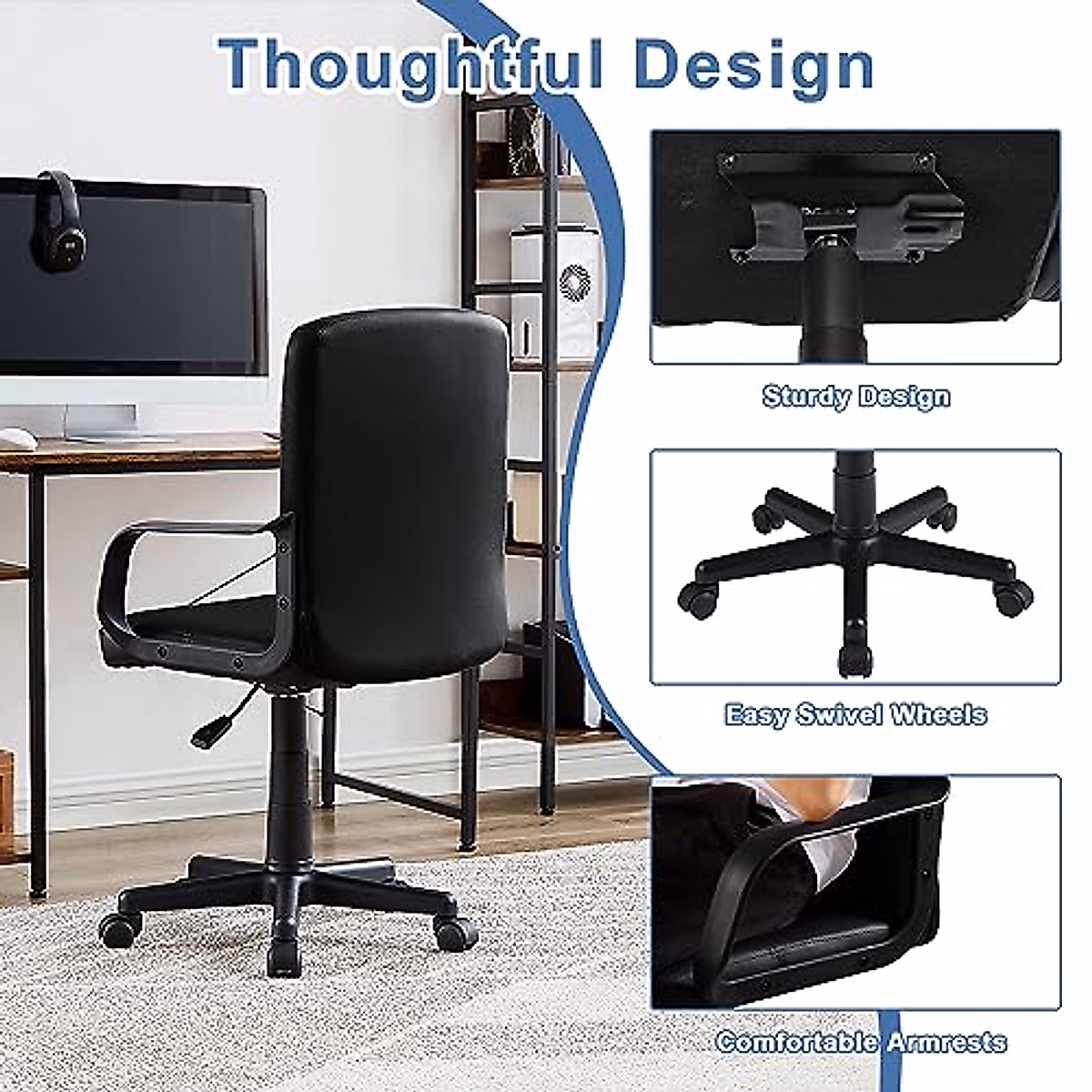 VECELO Home Office Desk Chair with Armrests,Mid Back Adjustable Height, 360-Degree Swivel, 330 Pound Capacity, Black, Set of 1