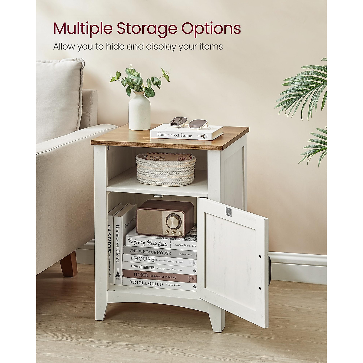 VASAGLE Farmhouse Nightstand with Barn Door, Set of 2, Bedside Table with Storage, Side End Table, Night Stand with Open Compartment, for Bedroom, Rustic White and Honey Brown ULET809K41